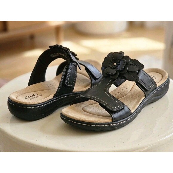 Clarks | Shoes | Clarks Laurieann Madi Black Leather Floral Slide ...